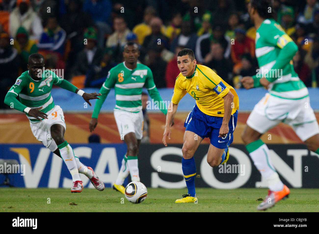 Brazil team captain Lucio works the ball during a FIFA World Cup group ...