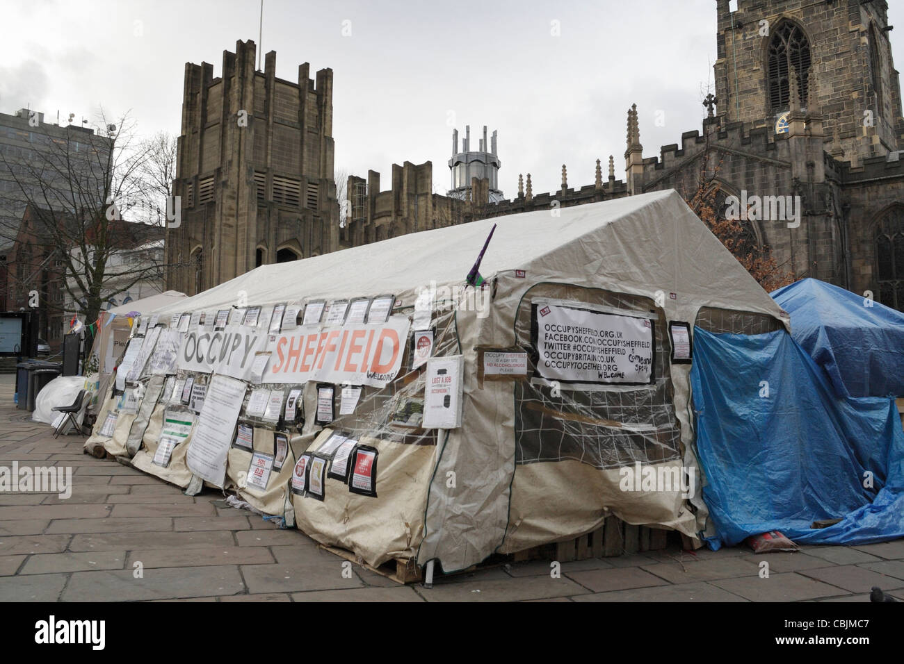 Occupy Sheffield in front of the city's cathedral England. Protest camp ...