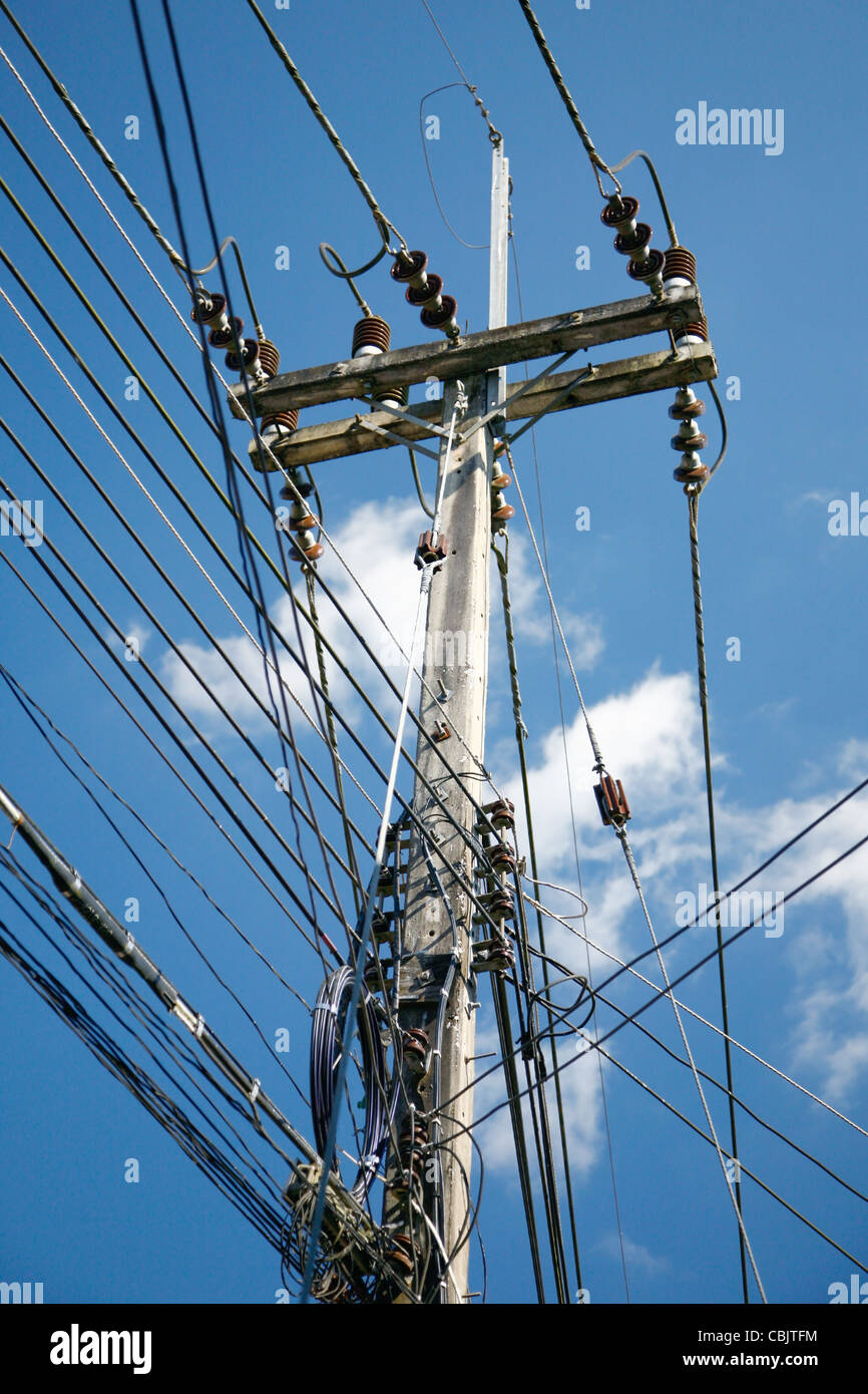 electric poles on blue sky Stock Photo - Alamy