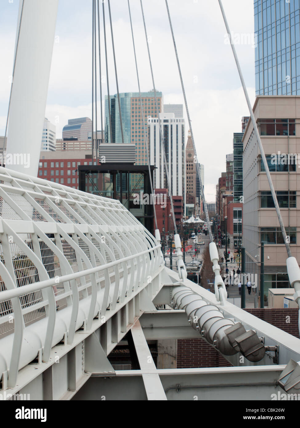 View of the 16th Street mall from the Millenium Bridge in Denver ...