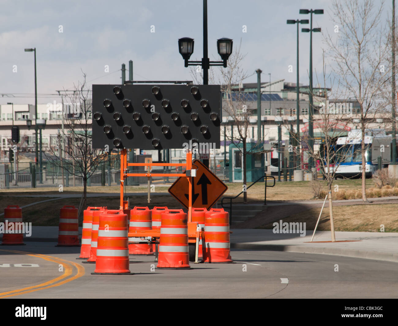 Road construction sign with construction cones Stock Photo - Alamy