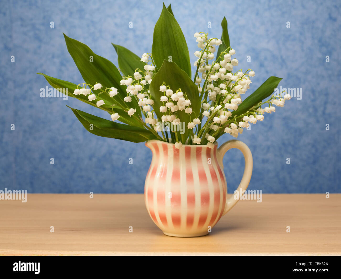 Traditional Jug with Lilly of the Valley on a sideboard, blue wallpaper ...