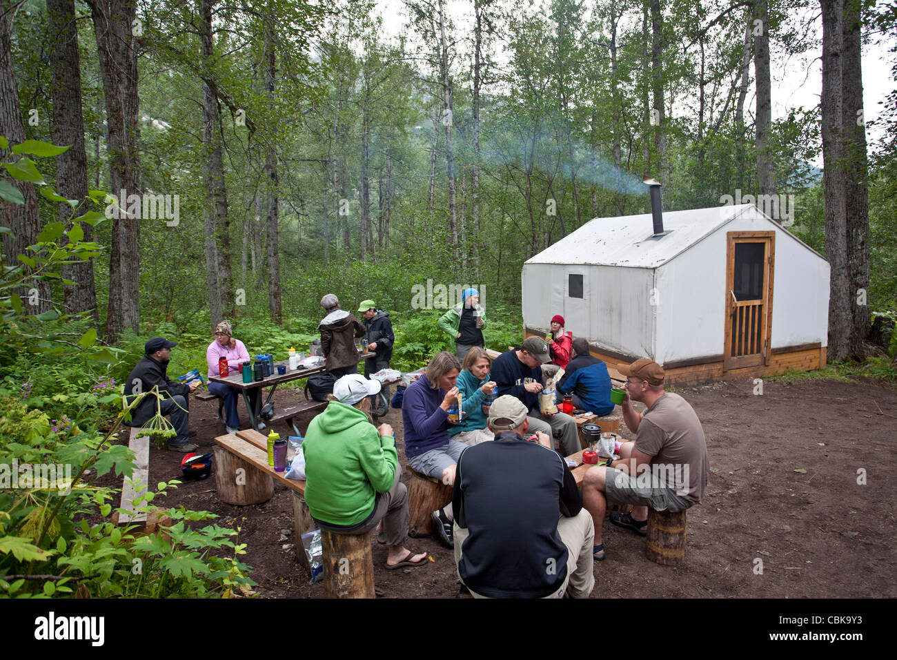 Trekkers eating at Sheep Camp. Chilkoot Trail. Alaska. USA Stock Photo ...