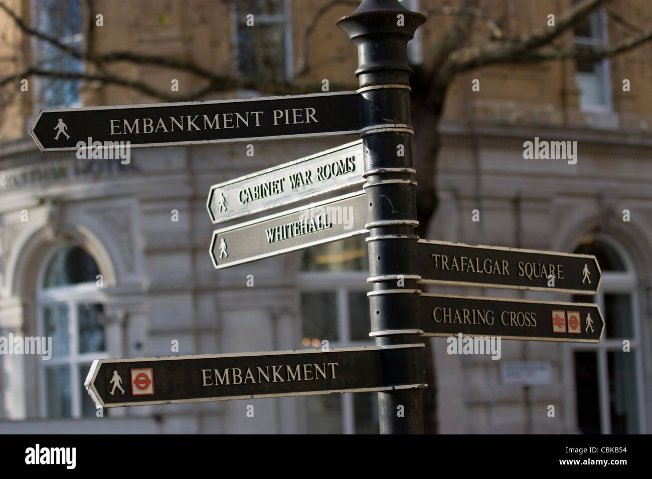 London direction sign, for embankment pier, cabinet war rooms ...