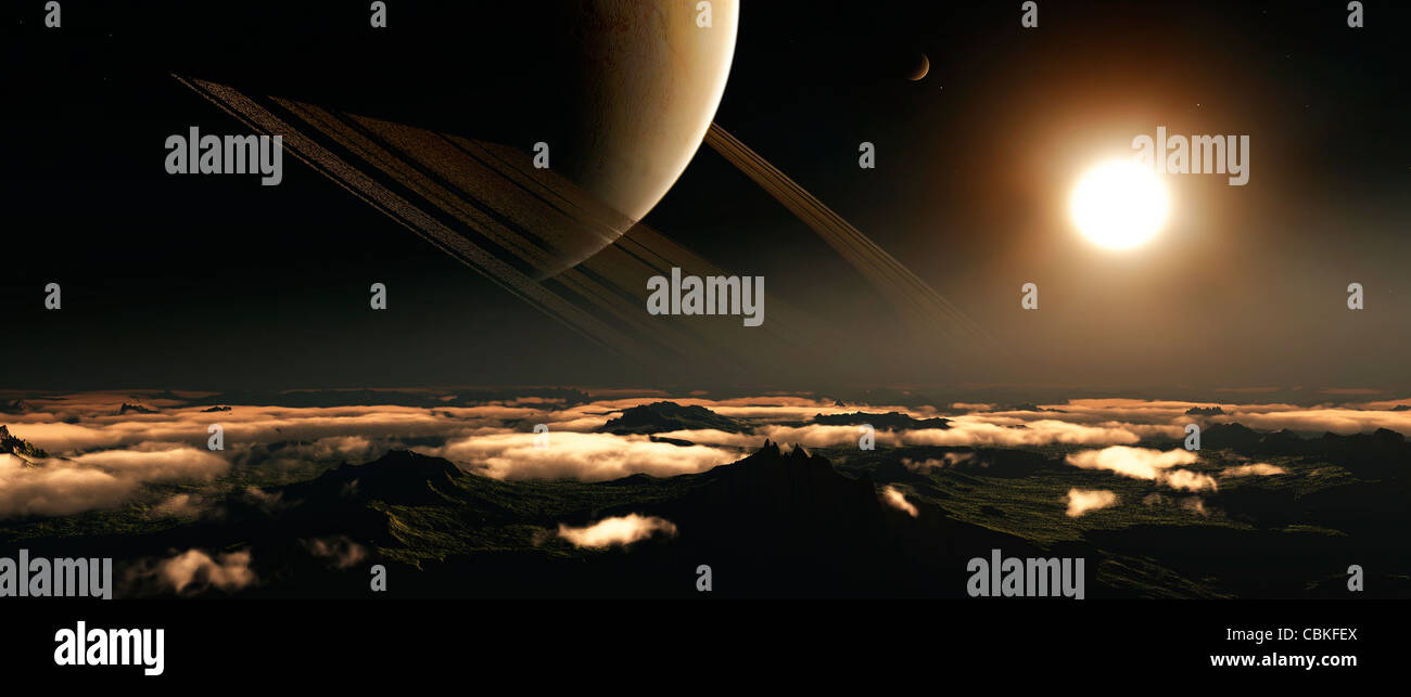 A ringed planet rises in the night sky of an alien world Stock Photo ...