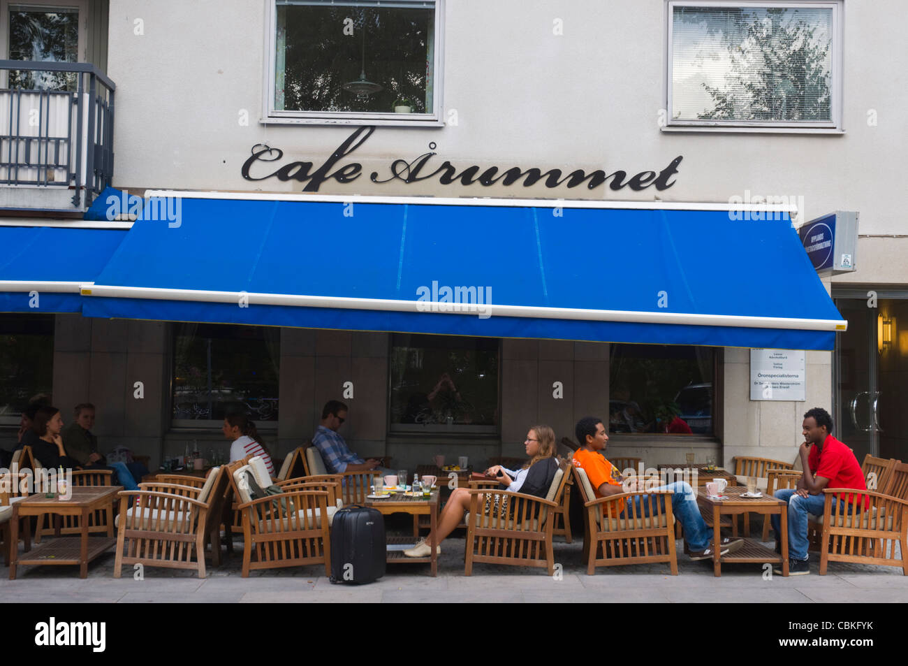 Cafe terrace Västra Ågatan central Uppsala city Svealand province ...