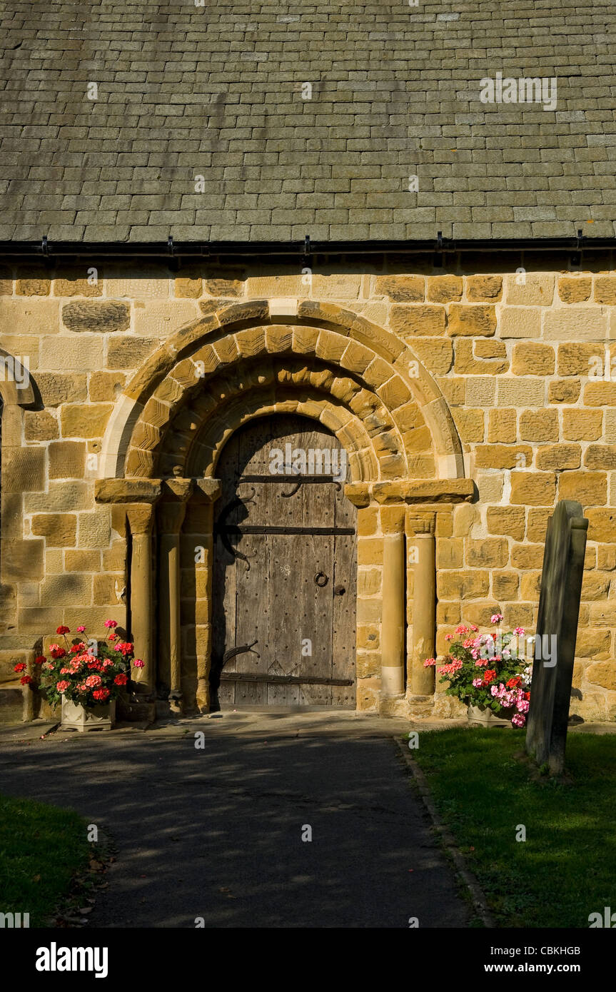 Close up of wooden door St Oswald's Church Sowerby near Thirsk North ...