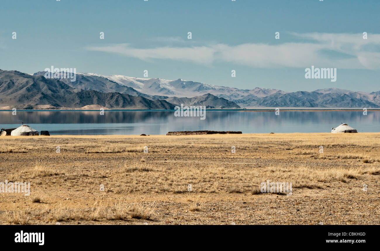 Mongolian gers along Lake Tolbo in the Altai Region of Bayan-Ölgii in ...