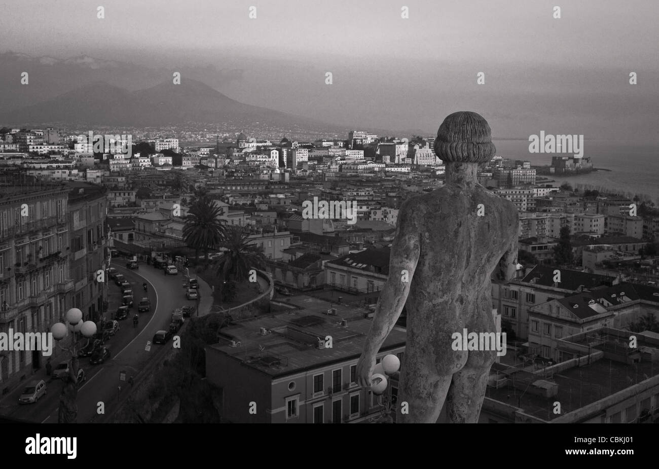 Napoly, Statue of a beautiful young man on the Bay of Naples in Italy ...