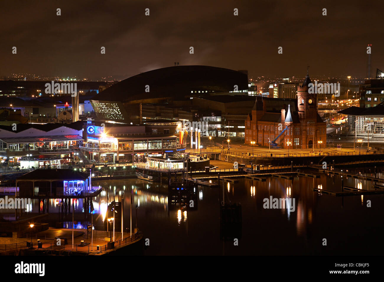 Cardiff Bay at night South Wales showing the Pierhead building and the ...
