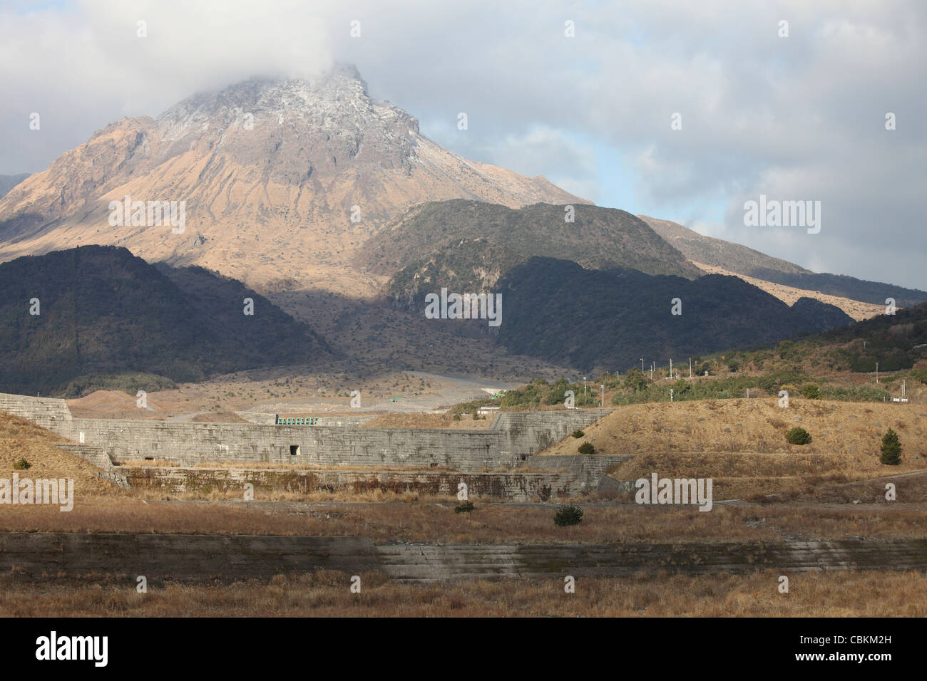 Mount Unzen volcano, Japan, with lahar containment structures, sabo ...