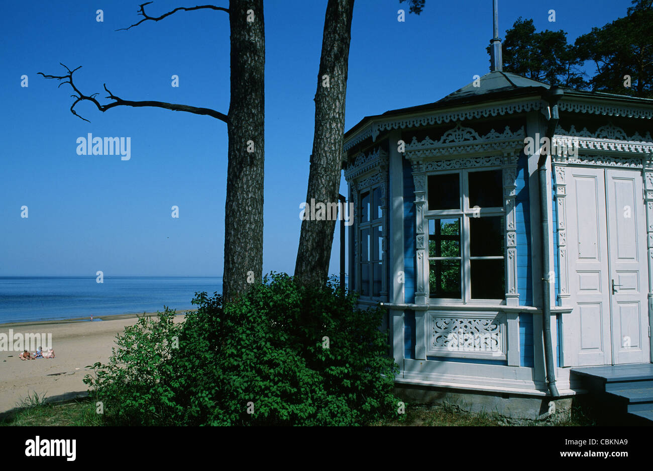 Wooden beach villa at the Batic Sea beach of Narva-Joesuu in the Baltic ...