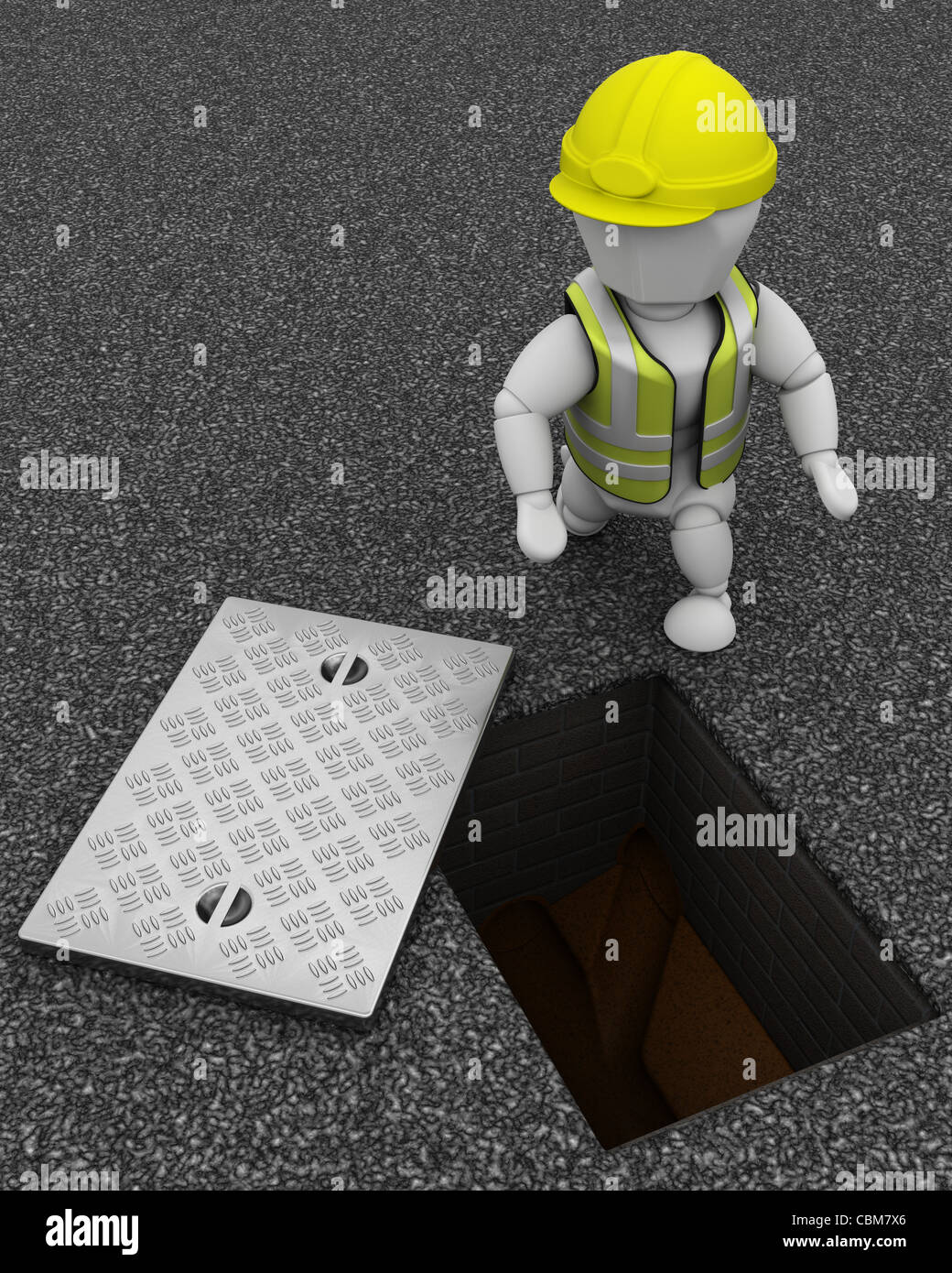 3D render of Builder inspecting drains through manhole cover Stock ...