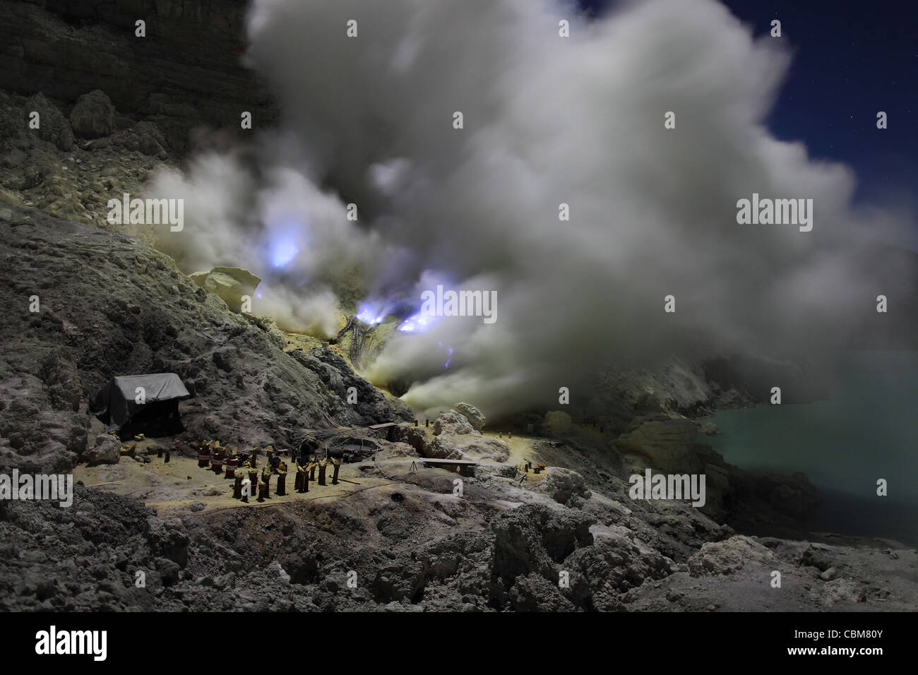 August 12, 2011 - Burning sulphur in mining area on Kawah Ijen Volcano ...