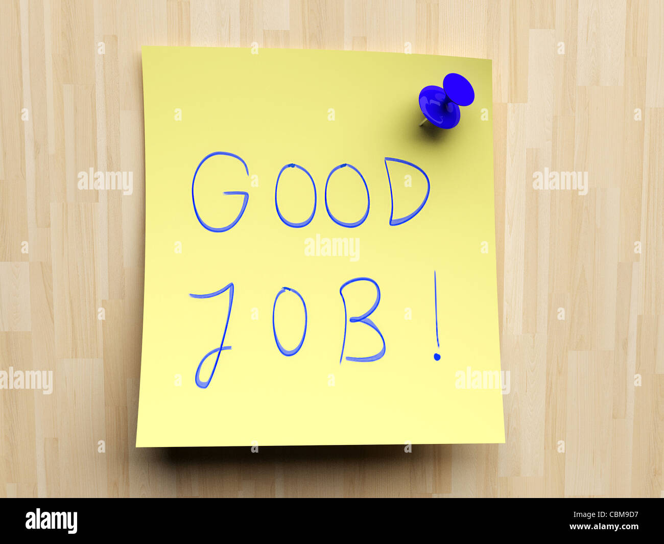 Yellow small sticky note on an office cork bulletin board. Good job ...