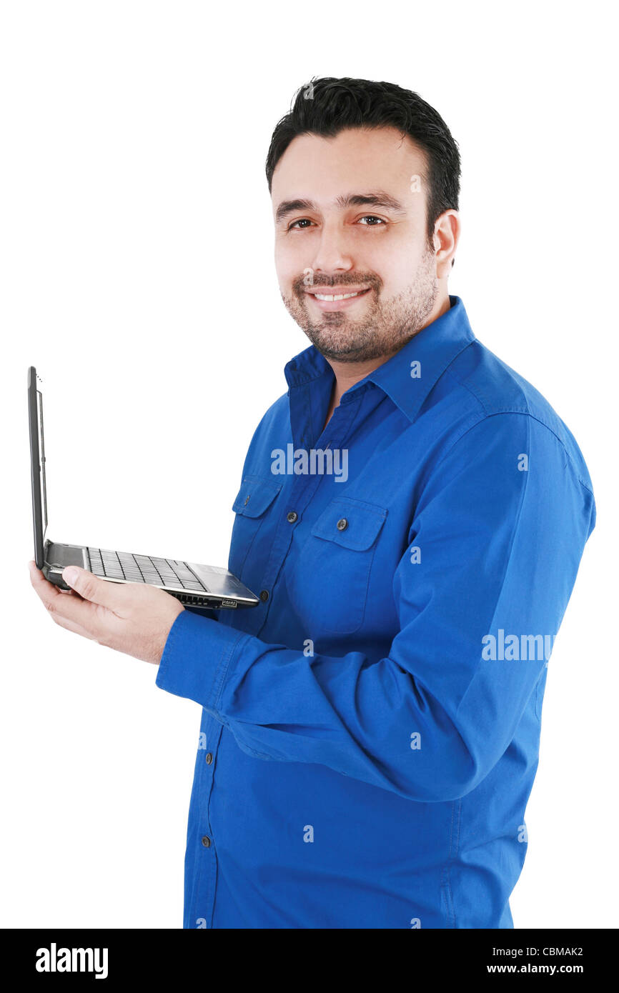 Young man with laptop, isolated on white Stock Photo - Alamy
