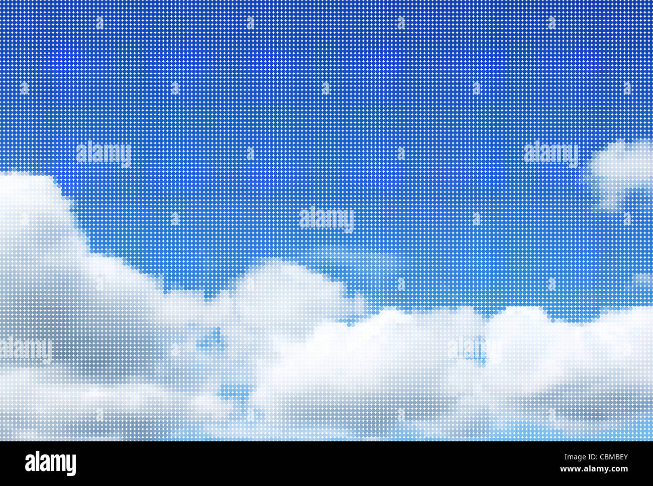 Halftone dot background of sunshine in a blue sky with fluffy white ...