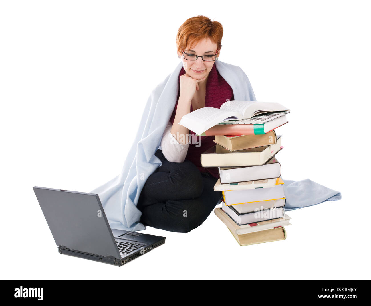 young woman reading books and using notebook isolated on white Stock ...