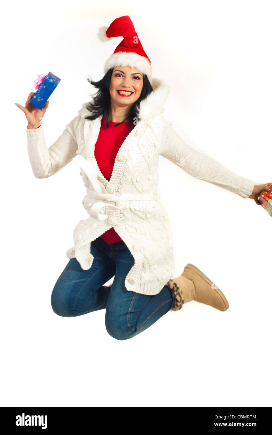 Excited santa helper holding gifts and jumping isolated on white ...