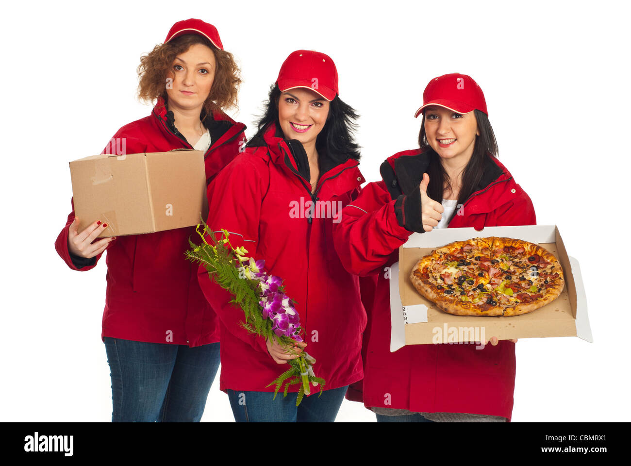 Successful group of delivery people holding different things isolated ...