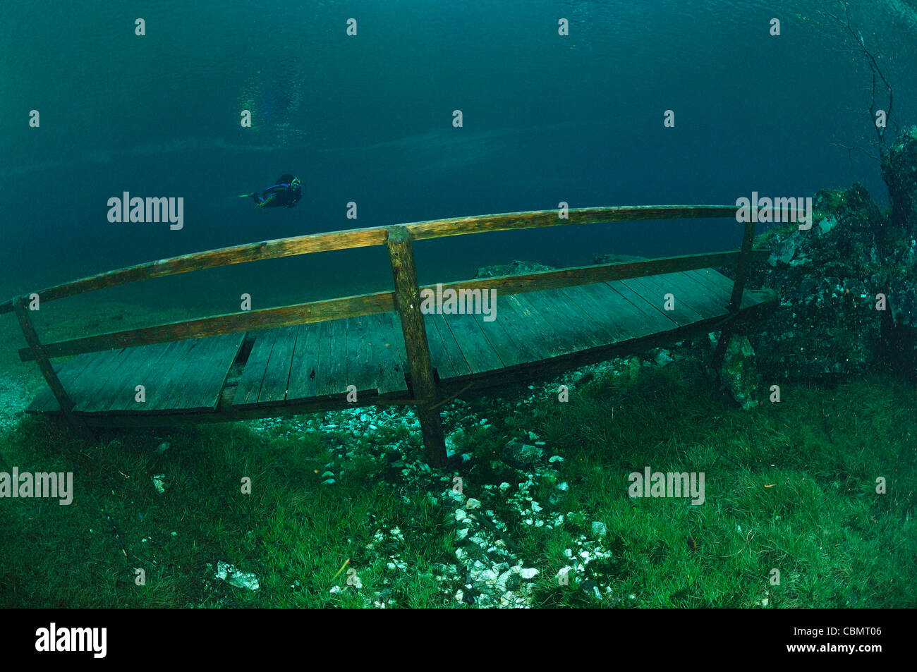 Wooden bridge in overflowed Green Lake, Tragoess, Styria, Austria Stock ...