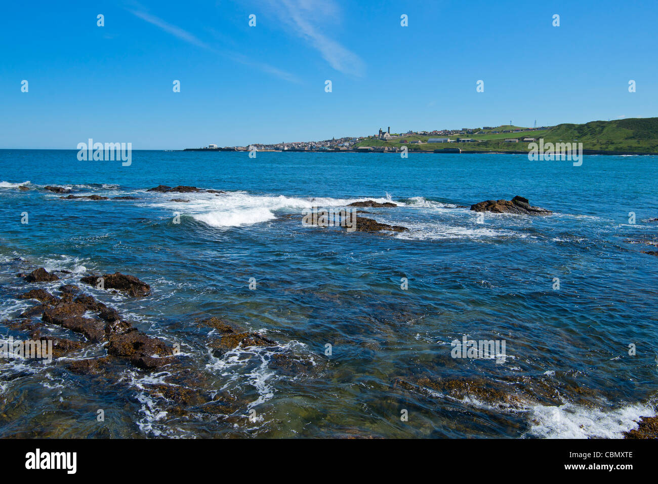 Banff Bay looking towards Macduff, Moray Firth, Aberdeenshire, Scotland ...