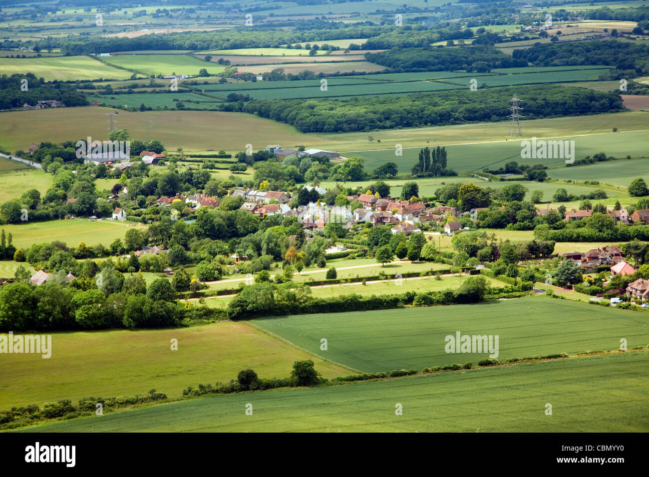 View over patchwork of fields in the Weald near Fulking, West Sussex ...