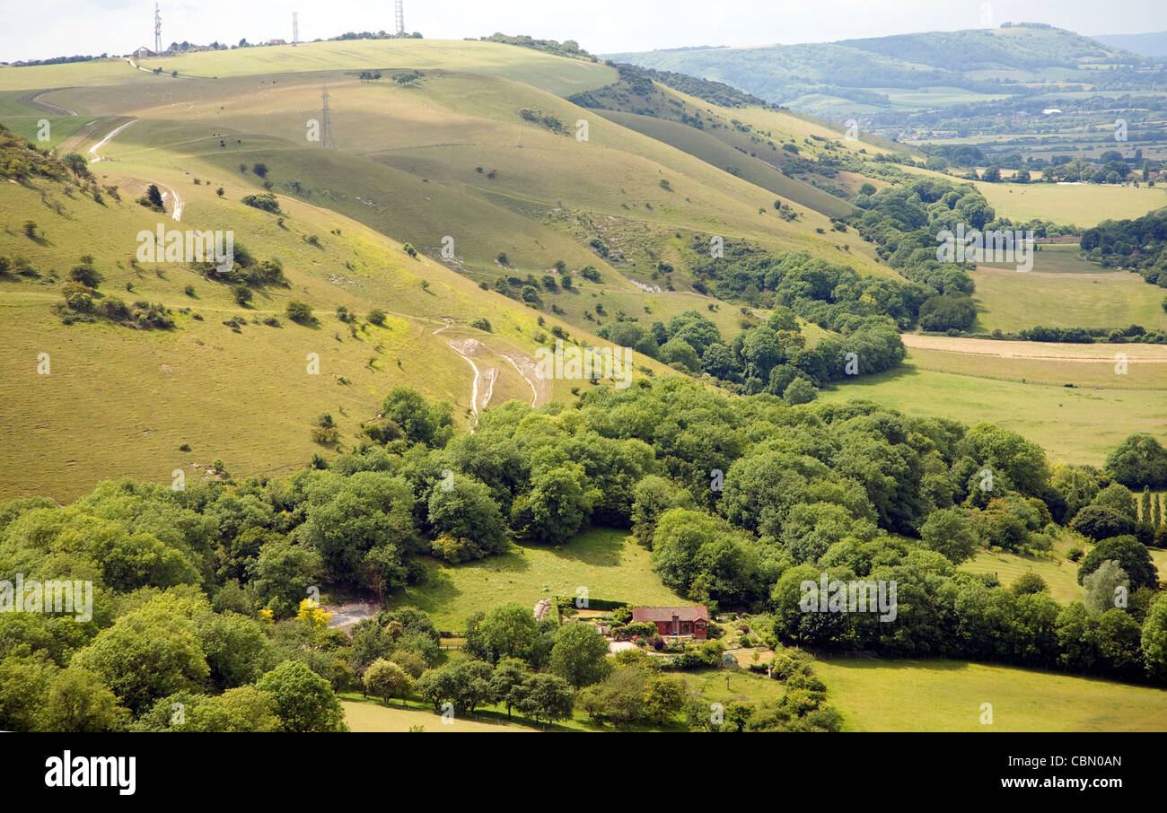 View west along chalk escarpment near Fulking, West Sussex, England ...