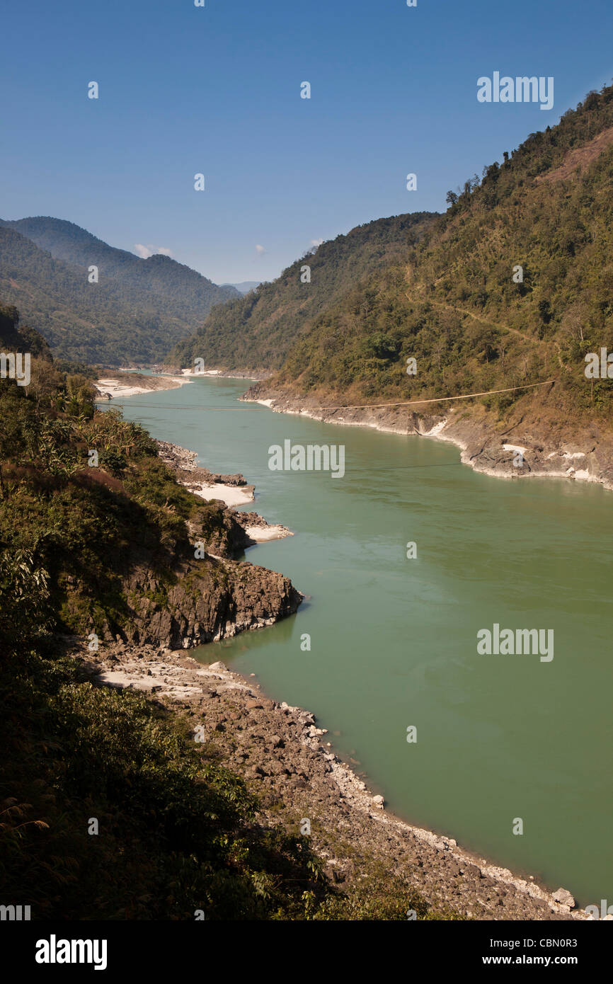 India, Arunachal Pradesh, Rotung, suspension bridge across Siang, or ...