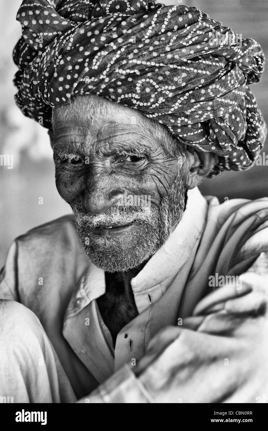 Great colorful portrait of local Hindu old man in turban in small ...