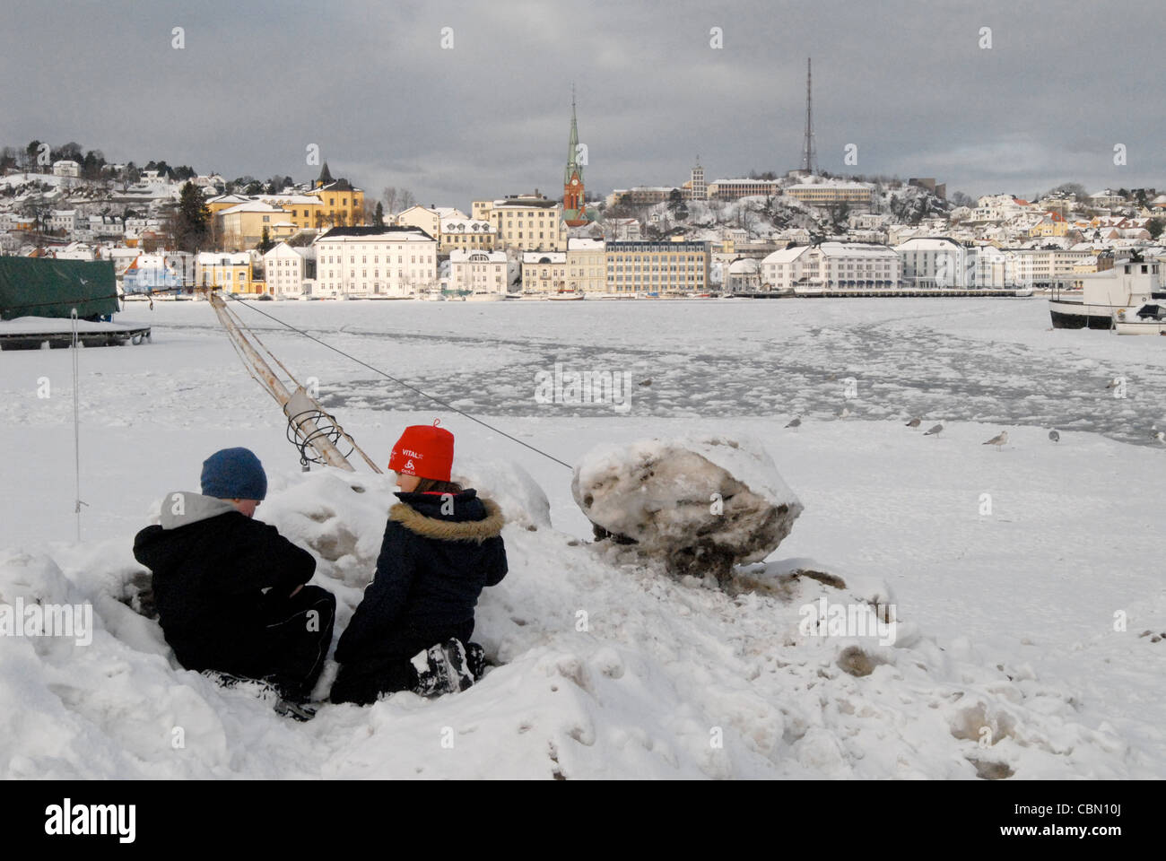 The southern Norwegian city of Arendal in deep winters snow Stock Photo ...