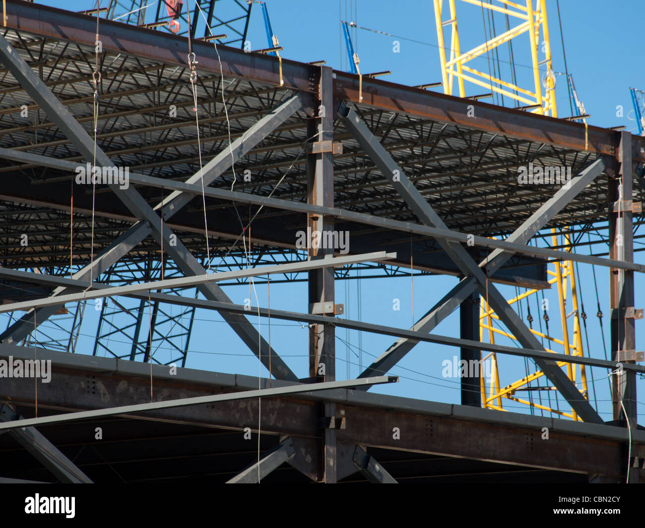 Construction site of the new retail building. Steel frame construction ...