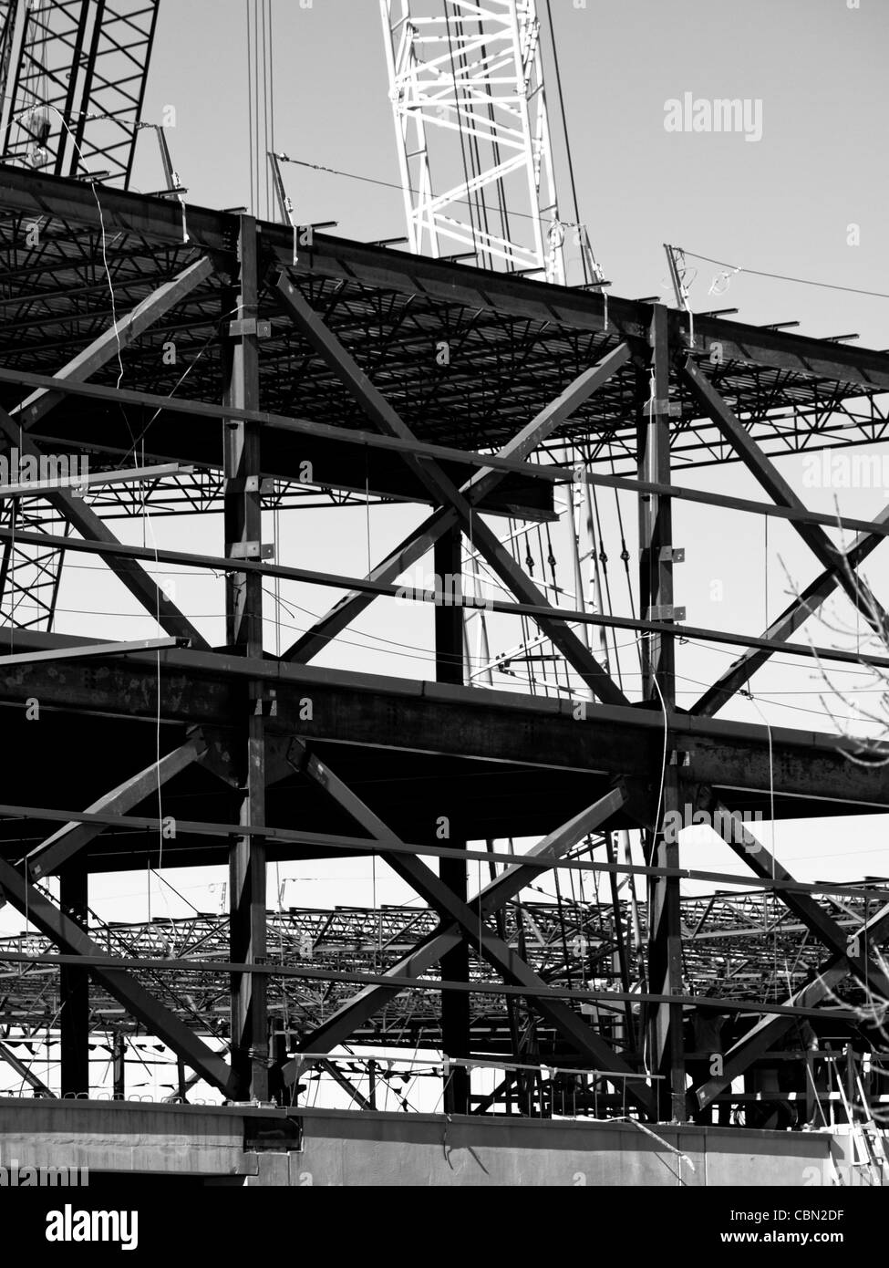 Construction site of the new retail building. Steel frame construction ...