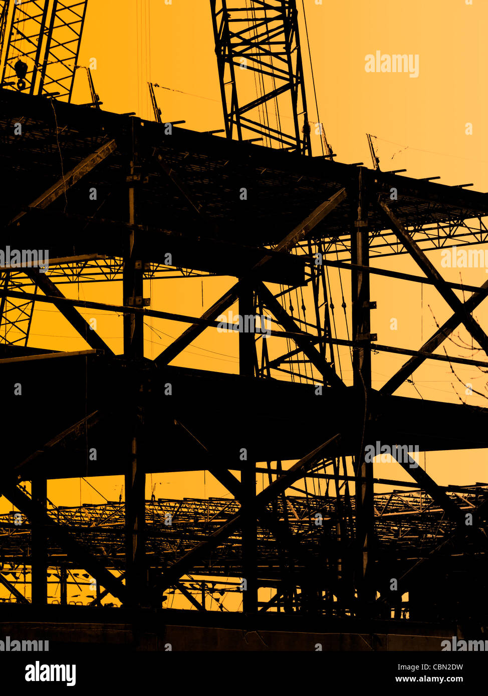 Construction site of the new retail building. Steel frame construction ...