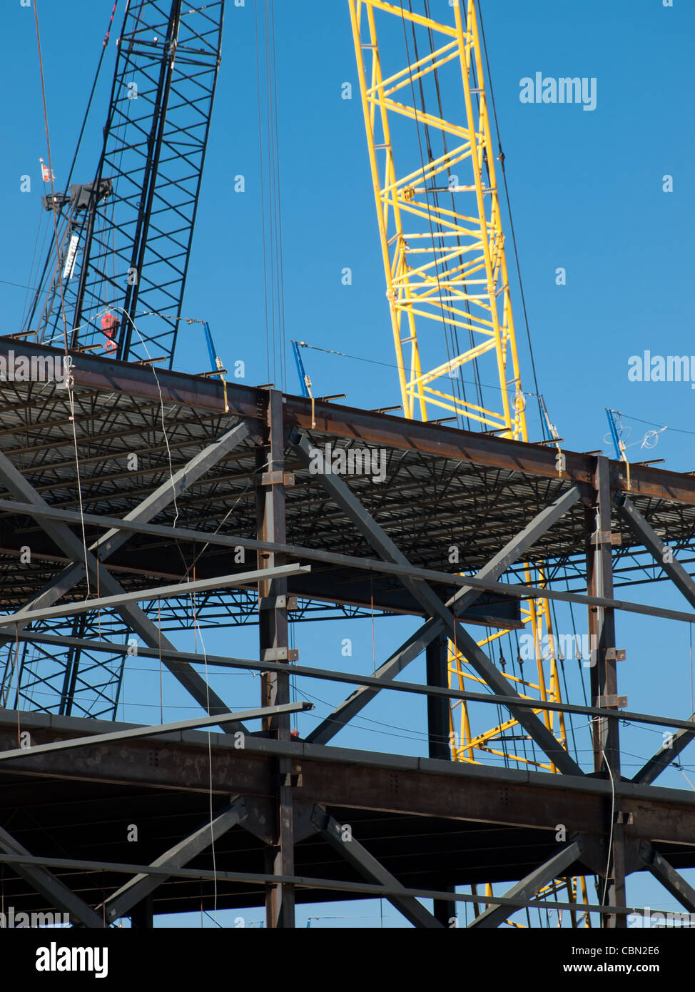 Construction site of the new retail building. Steel frame construction ...