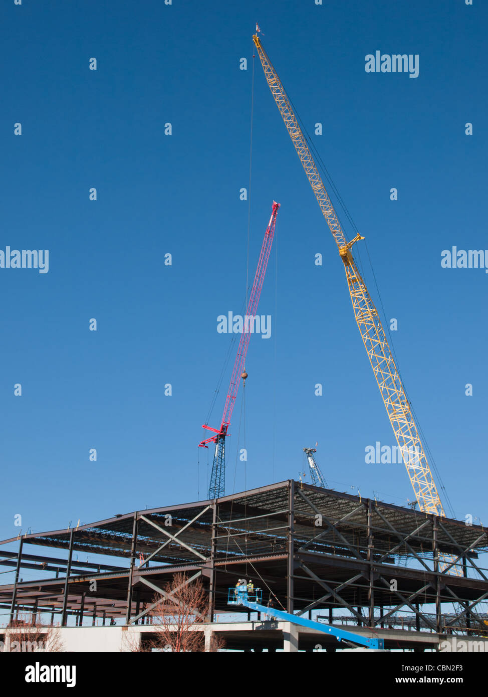 Construction site of the new retail building. Steel frame construction ...