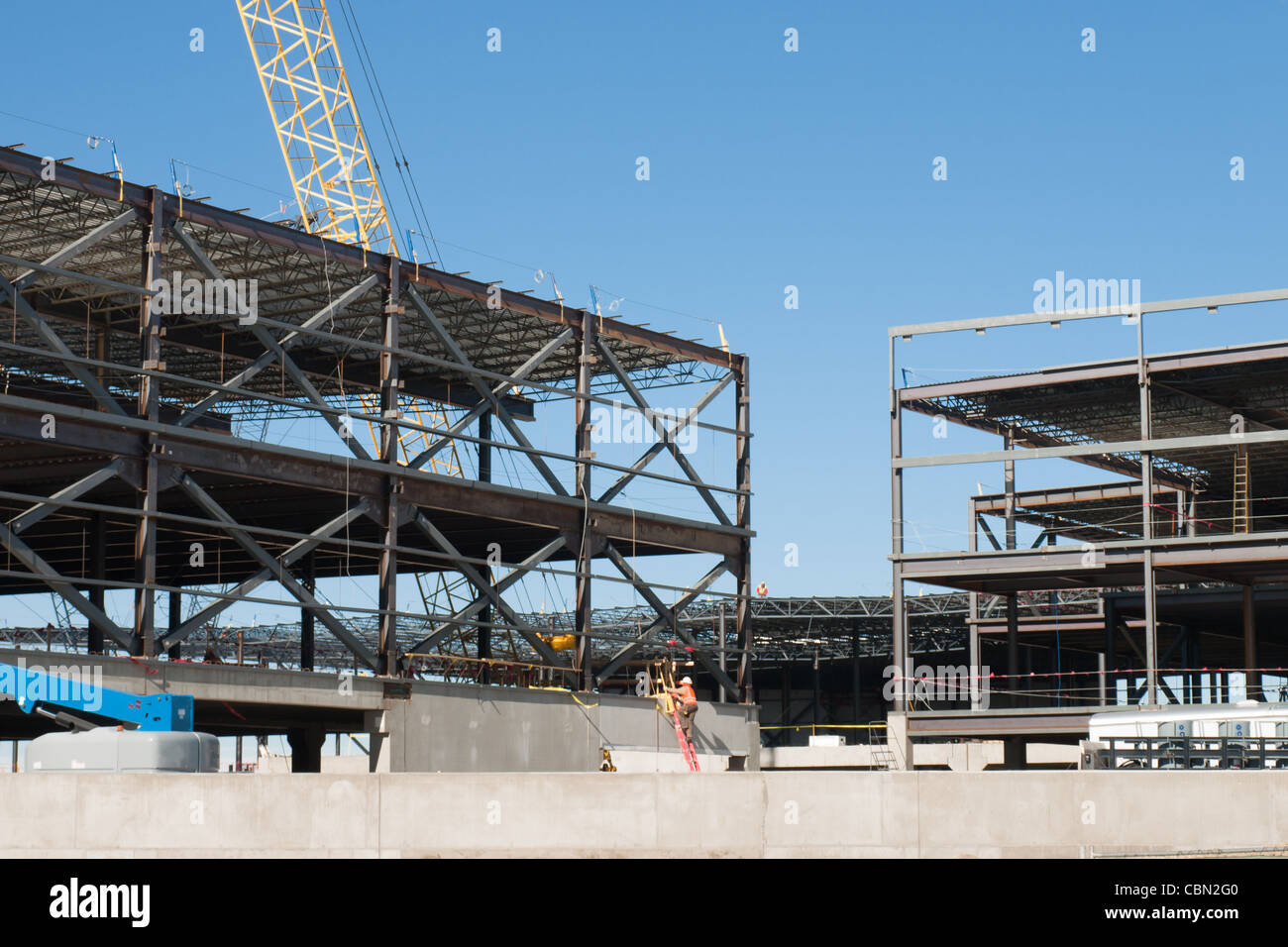 Construction site of the new retail building. Steel frame construction ...