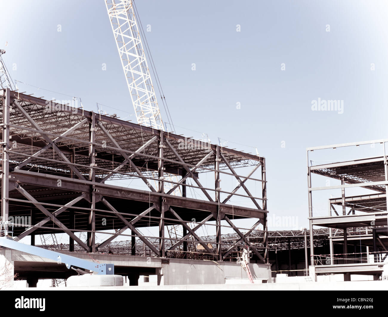 Construction site of the new retail building. Steel frame construction ...