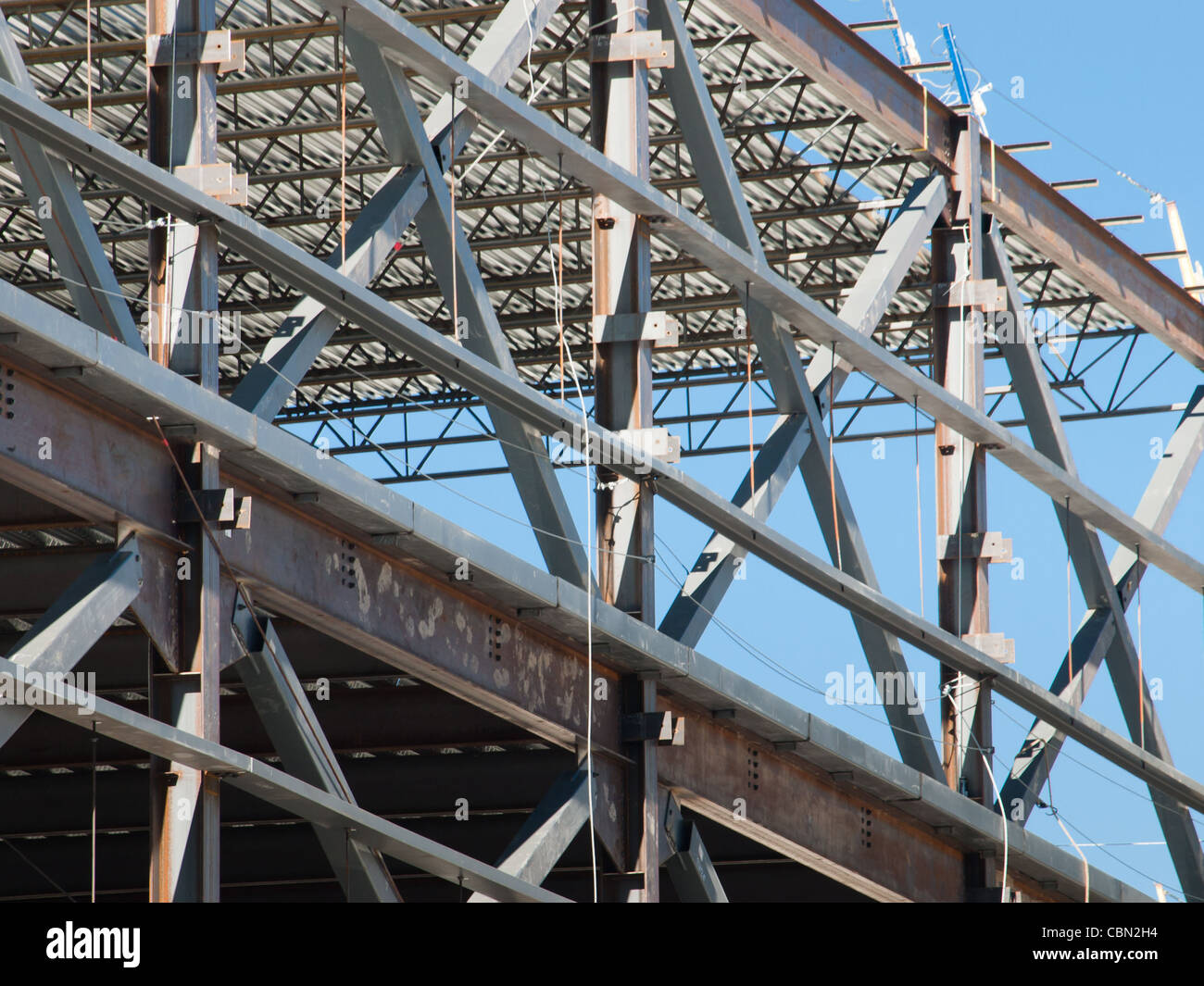 Construction site of the new retail building. Steel frame construction ...