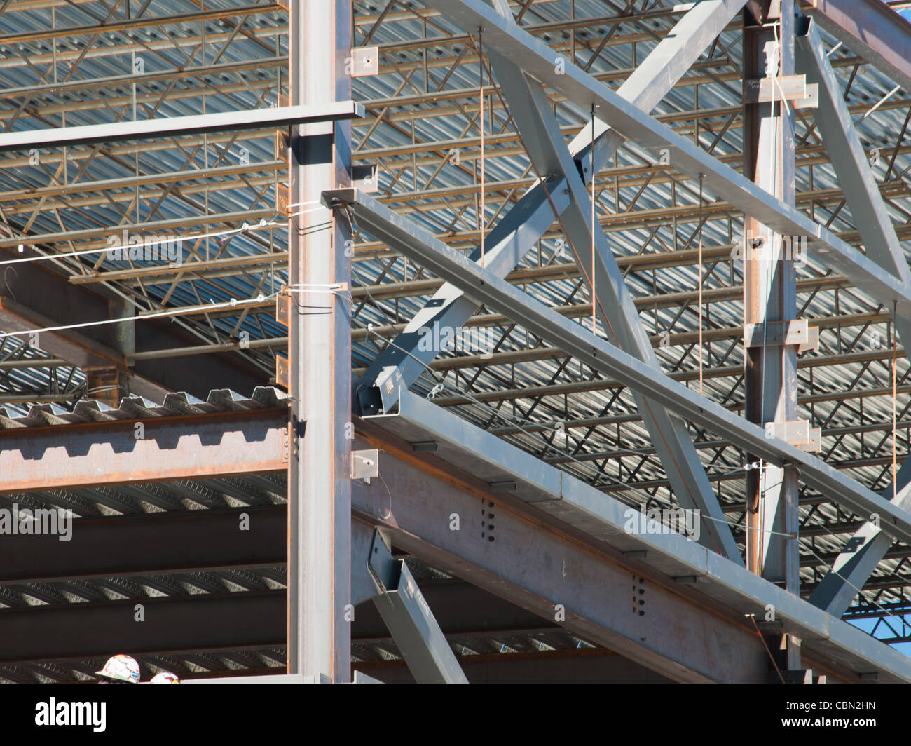Construction site of the new retail building. Steel frame construction ...