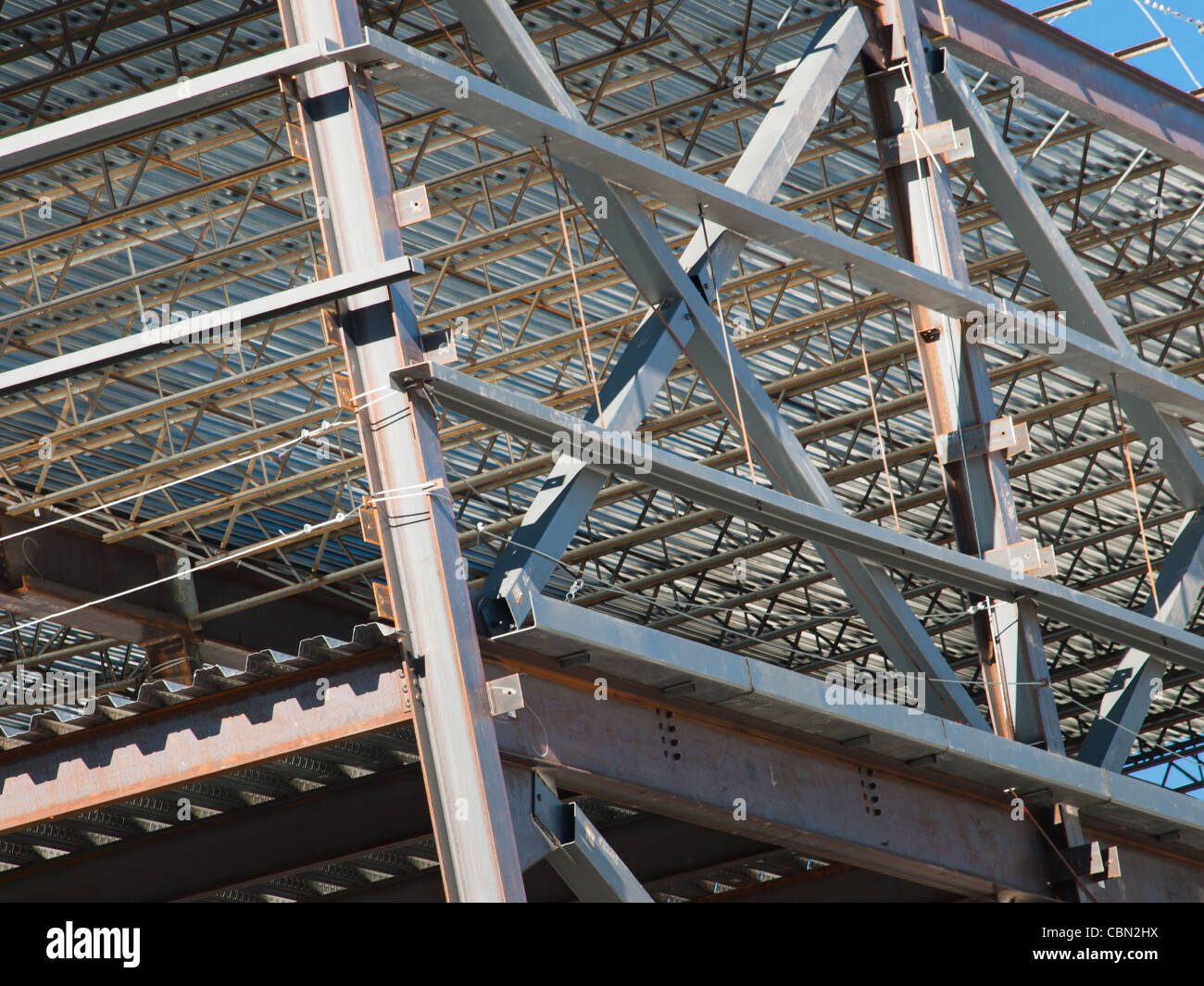 Construction site of the new retail building. Steel frame construction ...