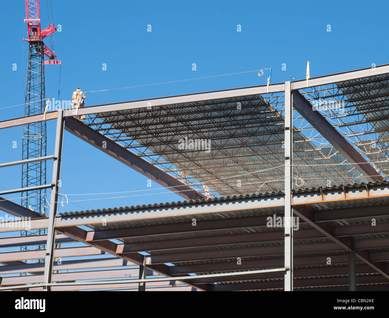 Construction site of the new retail building. Steel frame construction ...