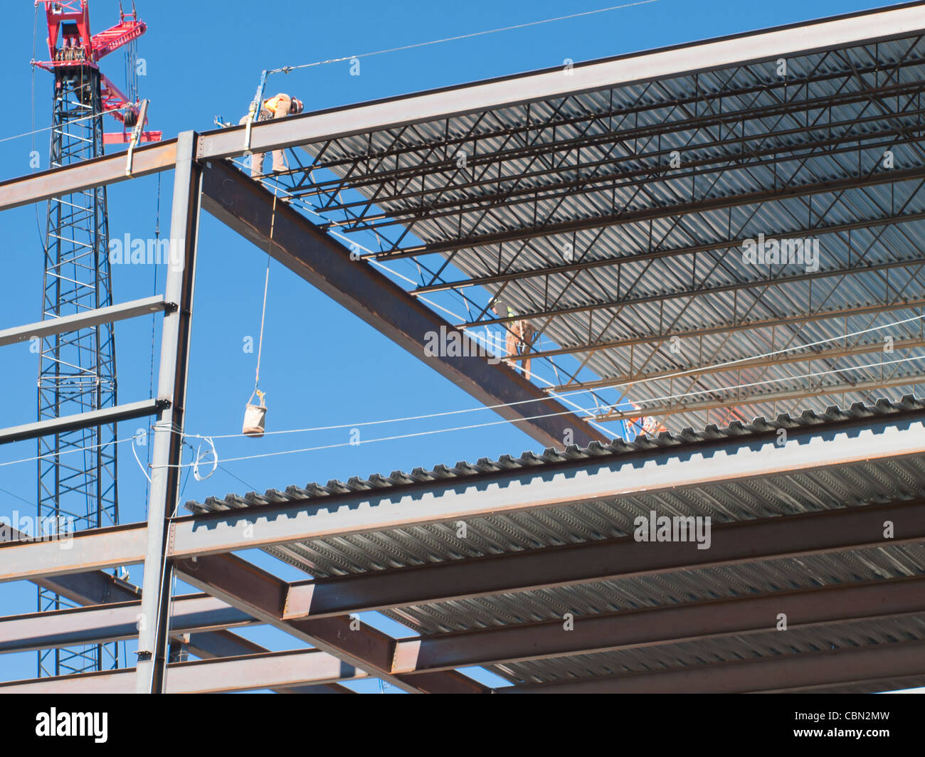 Construction site of the new retail building. Steel frame construction ...