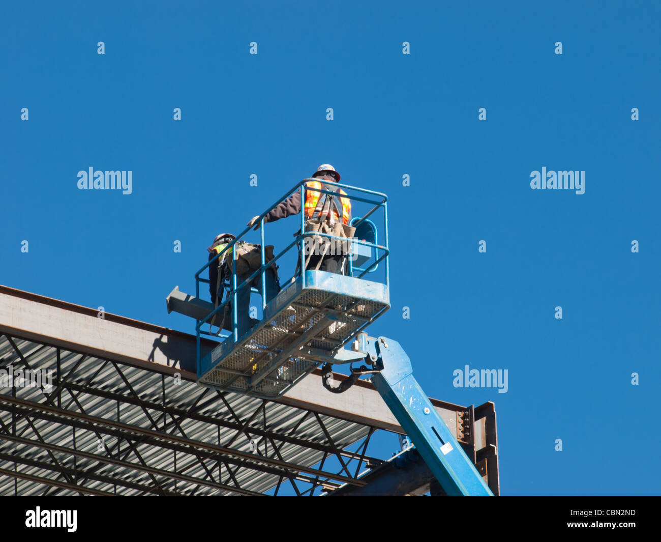Construction site of the new retail building. Steel frame construction ...