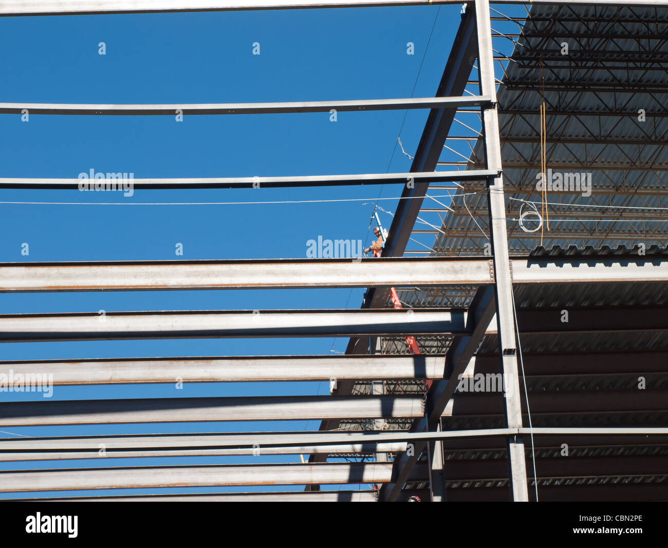 Construction site of the new retail building. Steel frame construction ...