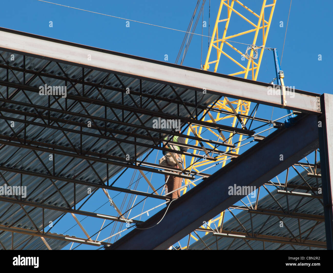 Construction site of the new retail building. Steel frame construction ...