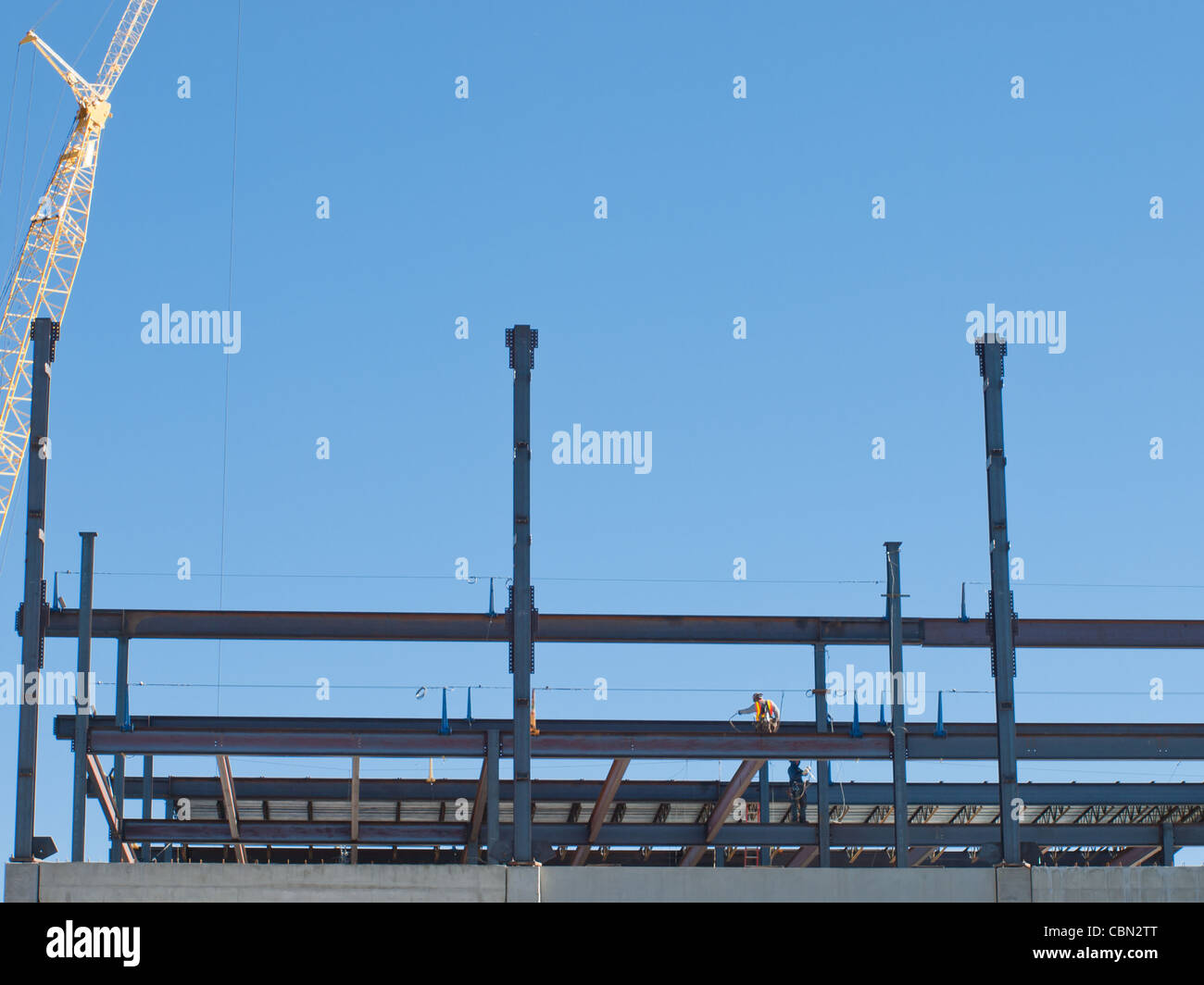 Construction site of the new retail building. Steel frame construction ...