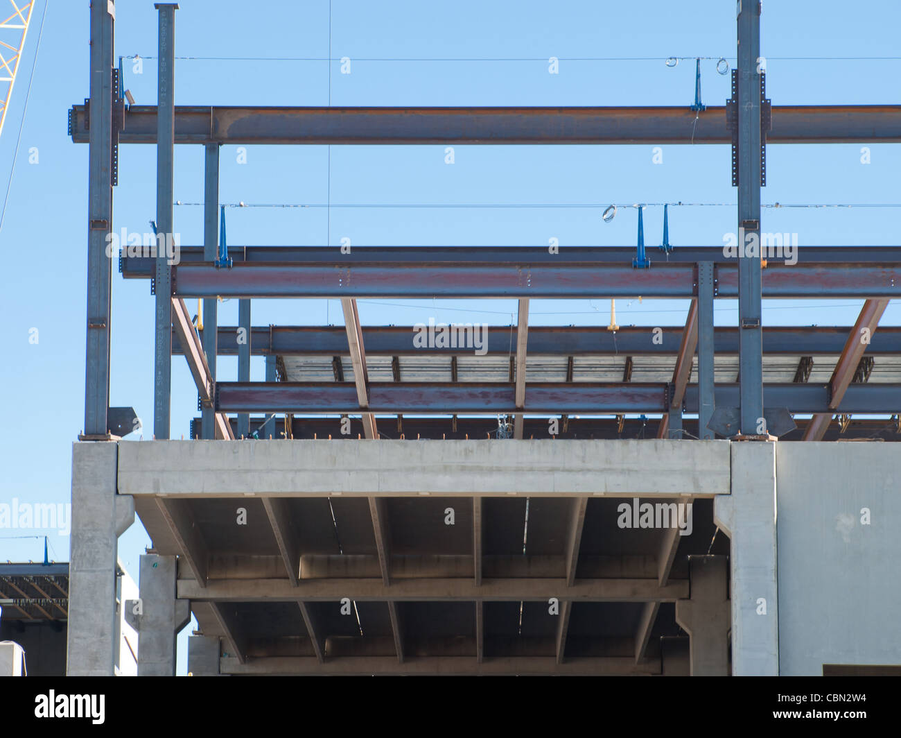 Construction site of the new retail building. Steel frame construction ...