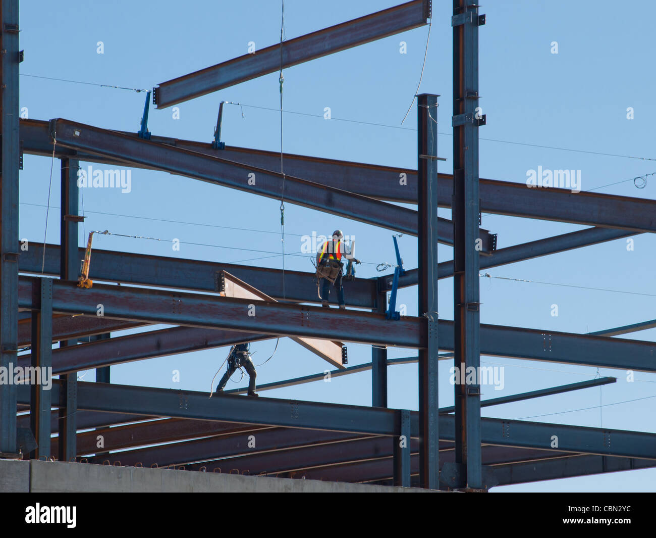 Construction site of the new retail building. Steel frame construction ...