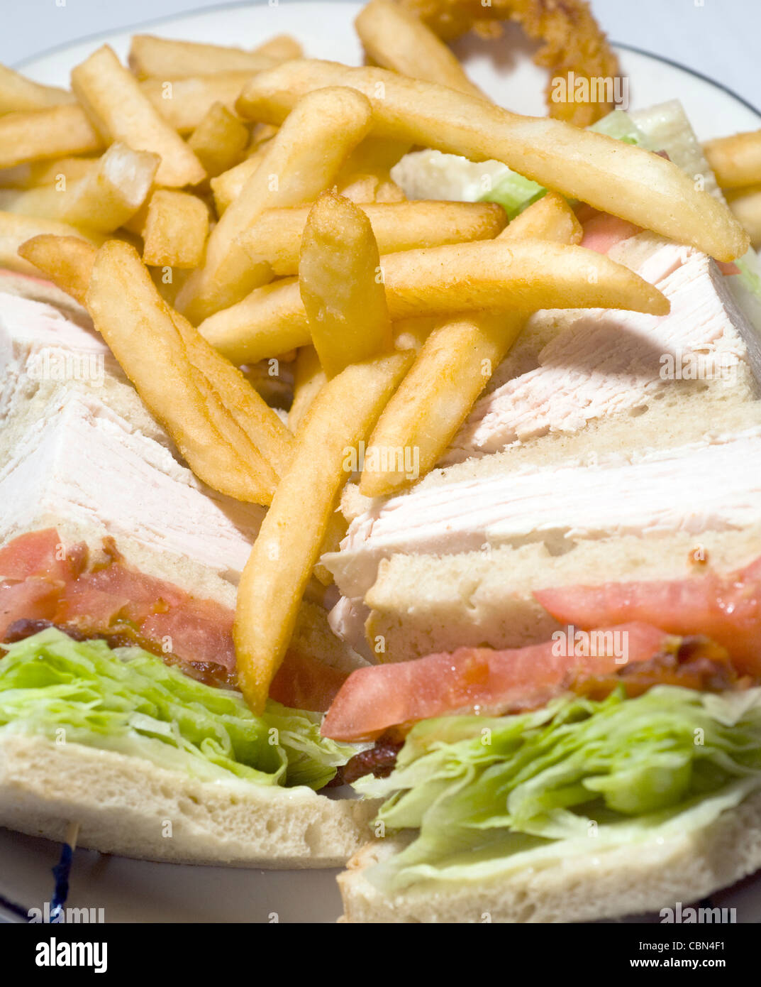 turkey club sandwich rye bread french fries and one onion ring Stock ...